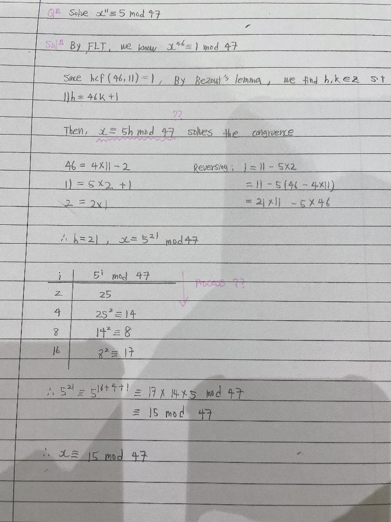 Solved Qn Solve 2"=5 mod 47 50" By FLT we know X46= I mod 47 | Chegg.com
