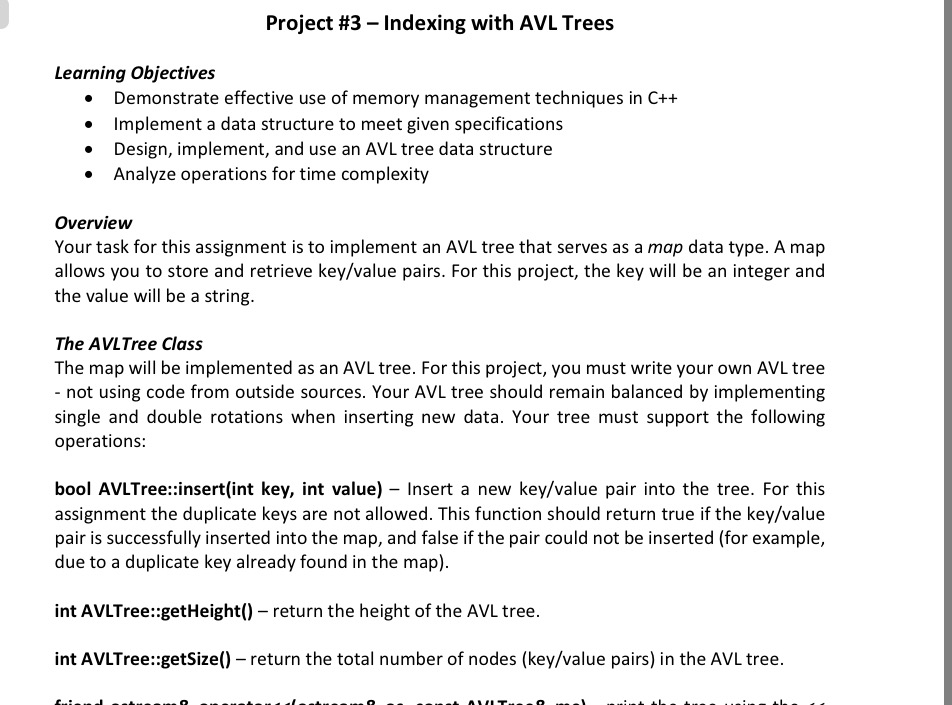 Solved Project #3-Indexing with AVL Trees Learning | Chegg.com