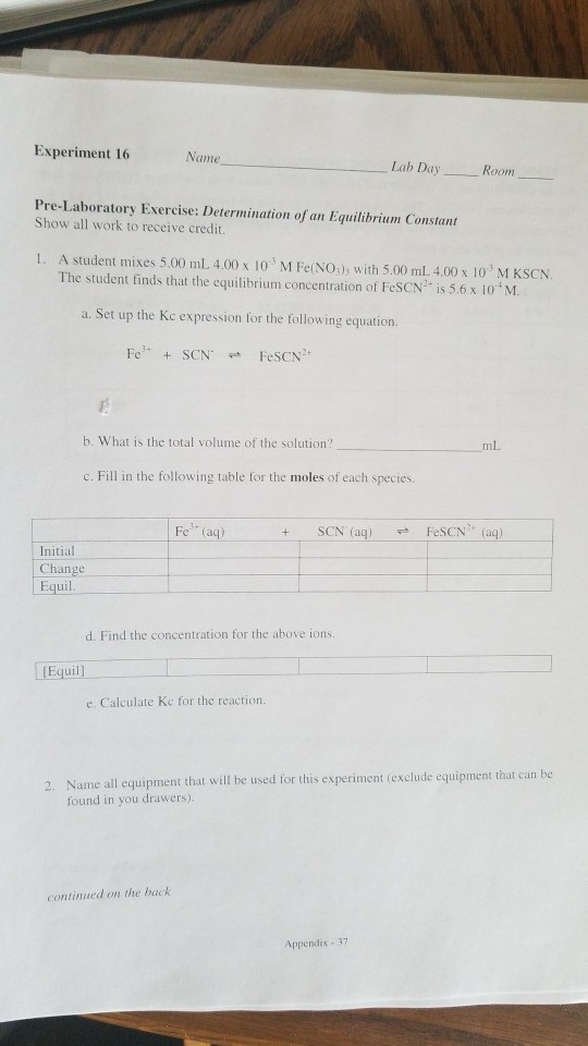 Solved Experiment 16 Name Lab DayRoom Pre-Laboratory | Chegg.com