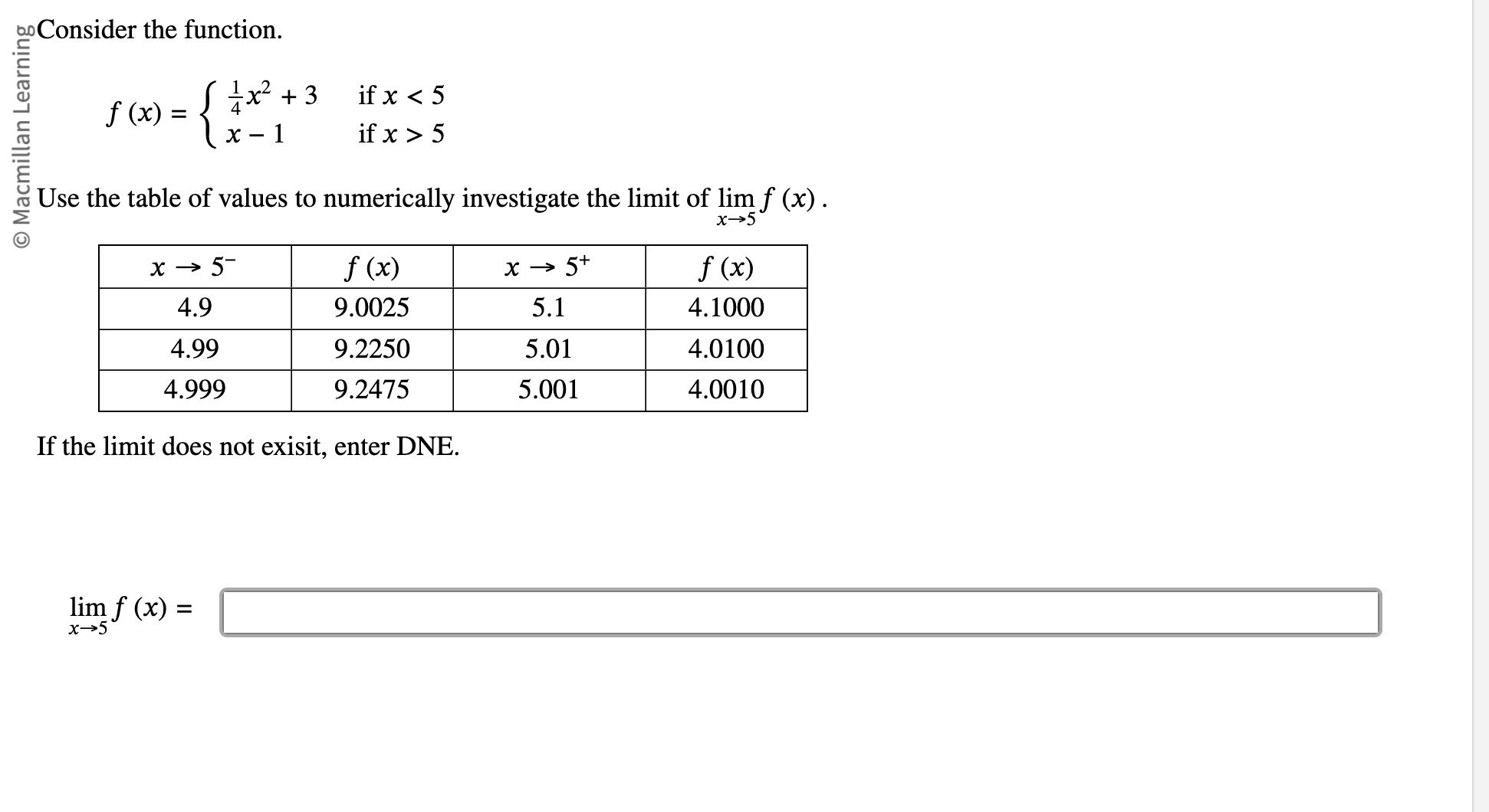 Solved f(x)={14x2+3 if x 5Use the table of values | Chegg.com