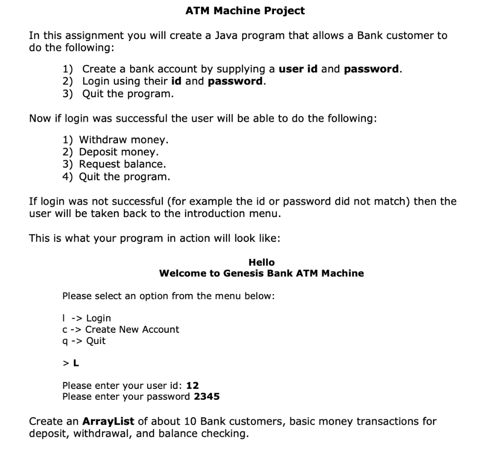 ATM Machine Project In this assignment you will | Chegg.com