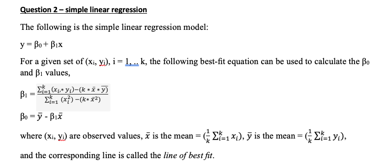 Question 2 - simple linear regression The following | Chegg.com