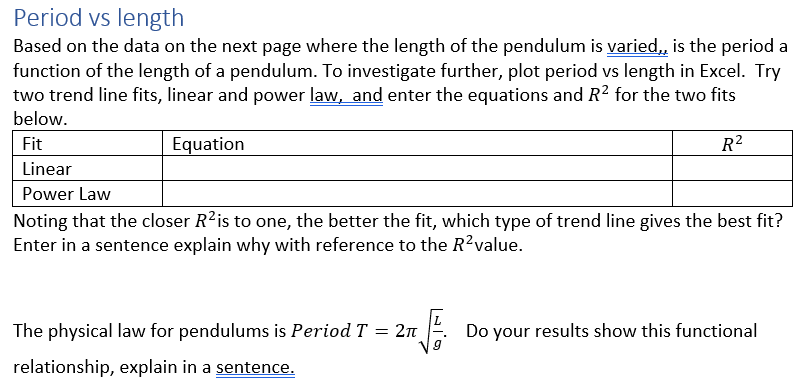 Solved Period vs length Based on the data on the next page | Chegg.com