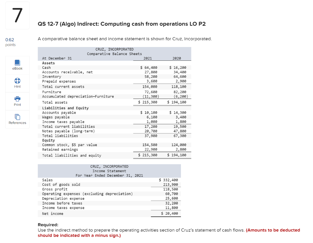 Solved QS 12−7 (Algo) Indirect: Computing cash from | Chegg.com