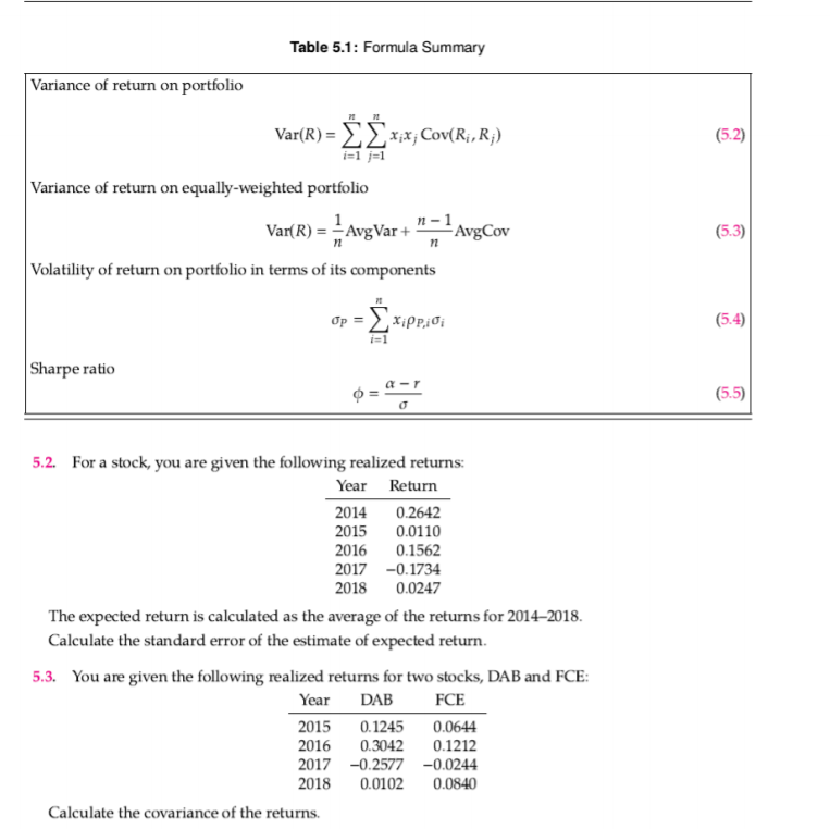 Table 5.1: Formula Summary Variance of return on | Chegg.com