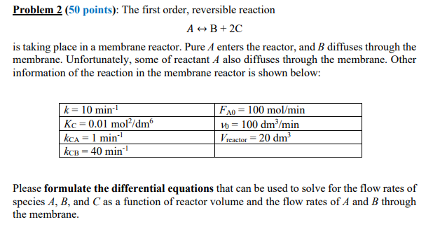 Solved Problem 2 (50 points): The first order, reversible | Chegg.com