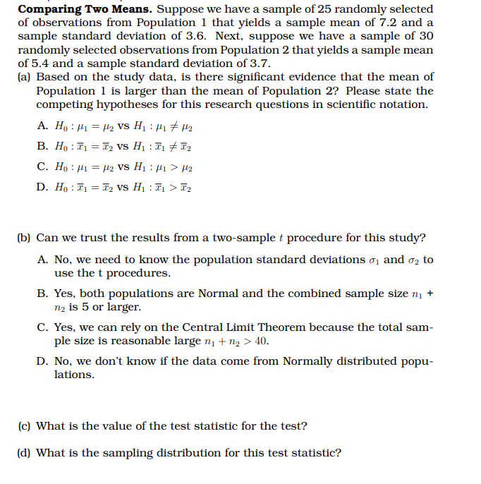 Solved Comparing Two Means. Suppose we ﻿have a sample of 25 | Chegg.com