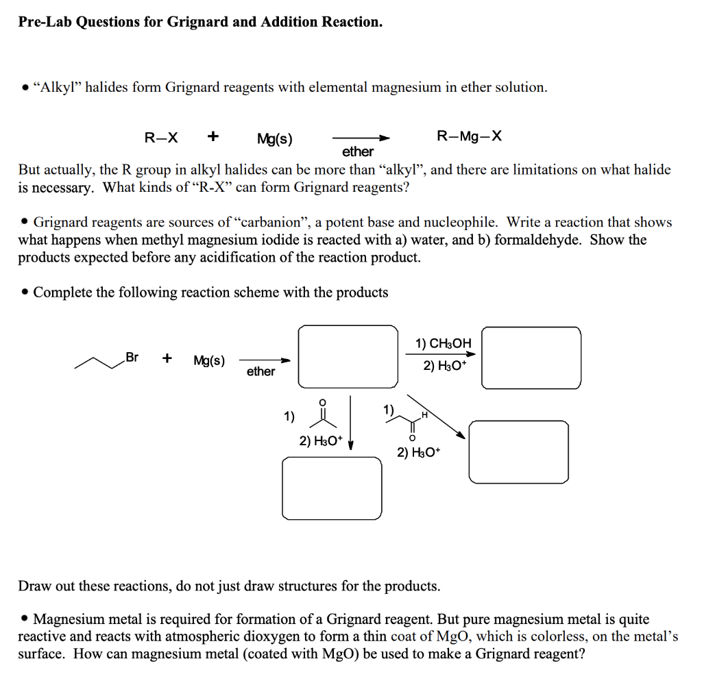 Solved Pre-Lab Questions for Grignard and Addition Reaction. | Chegg.com