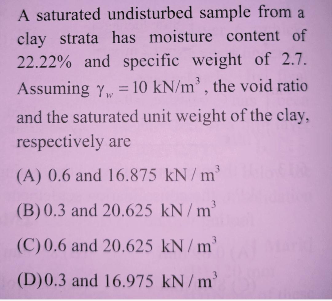 A saturated undisturbed sample from a clay strata has | Chegg.com