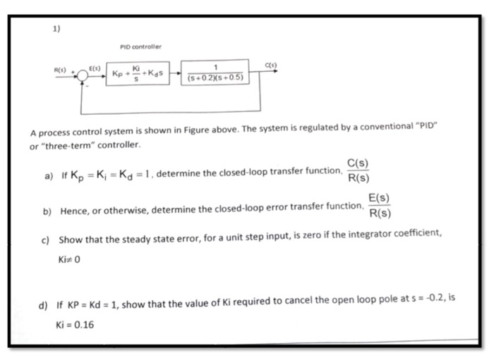 Solved 1) PID controller cts) (s +02x5+05) control system is | Chegg.com