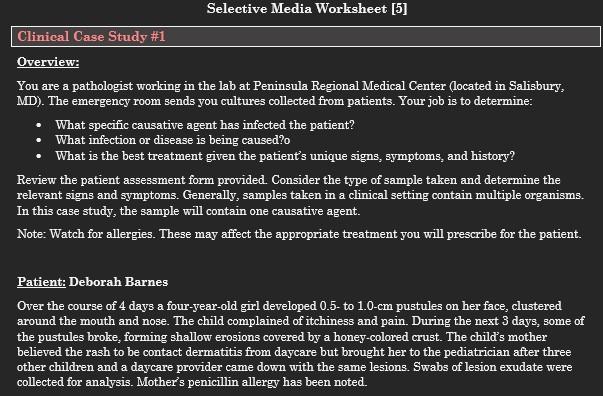 Solved Selective Media Worksheet [5] Clinical Case Study #1 | Chegg.com