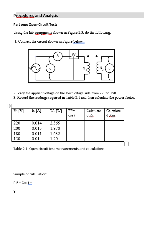Procedures and Analysis Part one: Open-Circuit Test: | Chegg.com