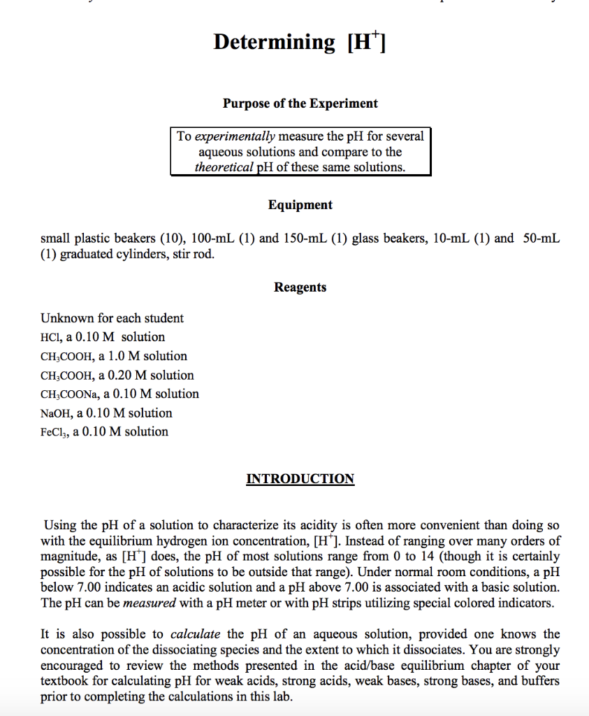 Solved Determining [H] Purpose of the Experiment To | Chegg.com
