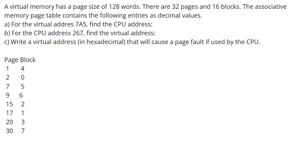 A virtual memory has a page size of 128 words. There | Chegg.com