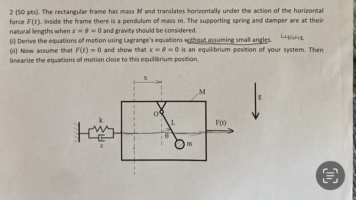 Solved 2 (50 pts). The rectangular frame has mass M and | Chegg.com