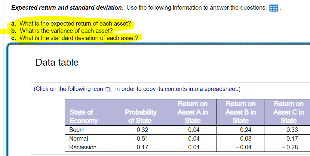 Solved Expected return and standard deviation. Use the | Chegg.com