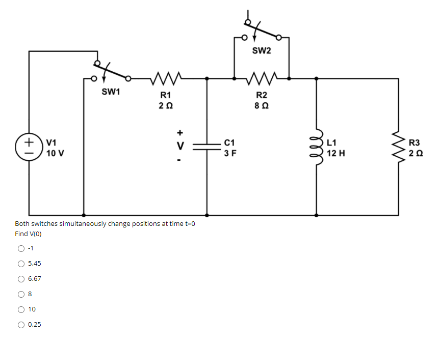 Solved SW2 SW1 R1 2 Ω w R2 8Ω +1 + > V1 10 v C1 3F L1 12H R3 | Chegg.com