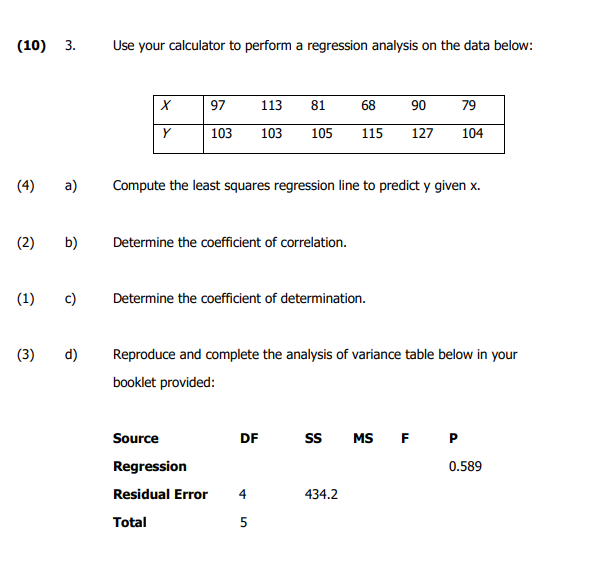 Solved (10) 3. ﻿Use your calculator to perform a regression | Chegg.com