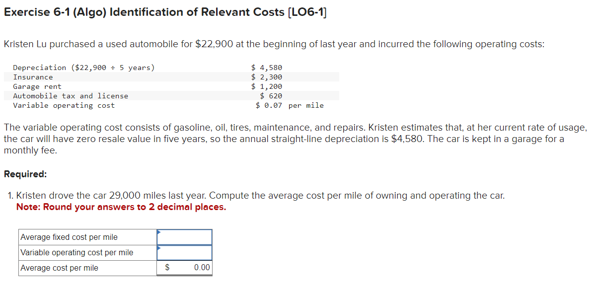 Solved Exercise 6-1 (Algo) ﻿Identification of Relevant Costs | Chegg.com