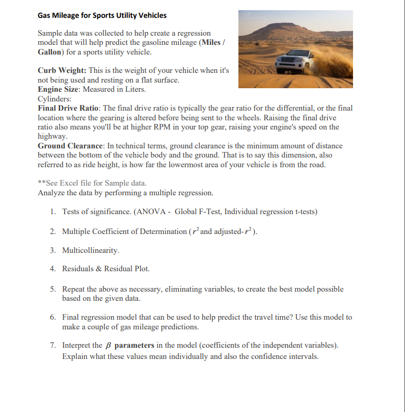 Solved Gas Mileage for Sports Utility Vehicles Sample data | Chegg.com