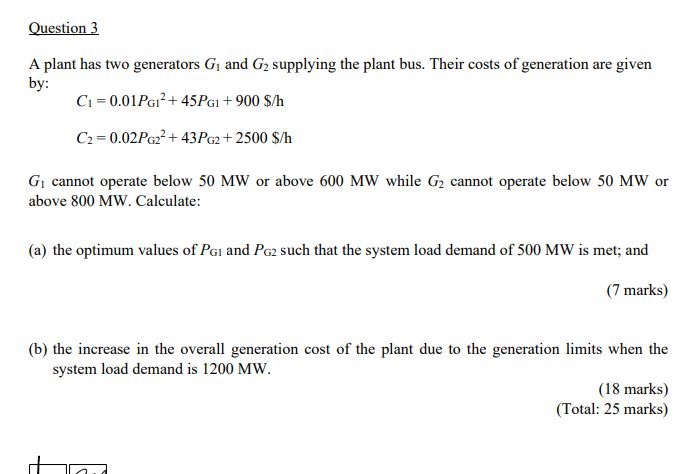 Solved A plant has two generators G₁ ﻿and G2 ﻿supplying the | Chegg.com