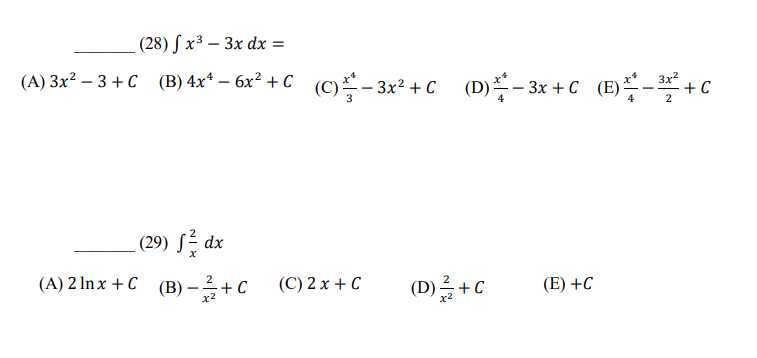 Solved (28) ∫x3−3xdx= (A) 3x2−3+C (B) 4x4−6x2+C (C) | Chegg.com
