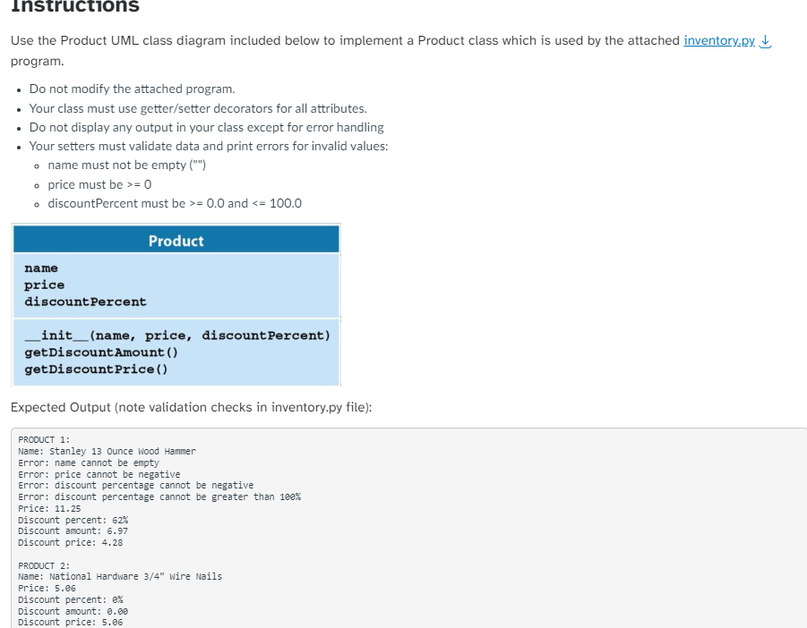Solved Use the Product UML class diagram included below to | Chegg.com