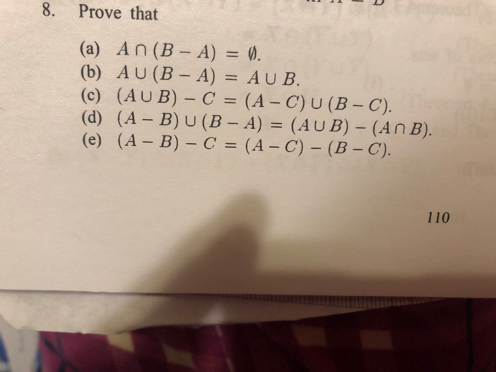 Solved 8. Prove that ( ) An ( -A)=0. (b) AU(B-A) = AUB. (c) | Chegg.com