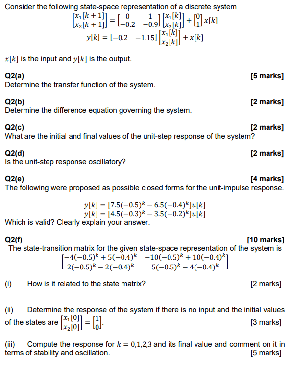 Solved Consider The Following State Space Representation Of