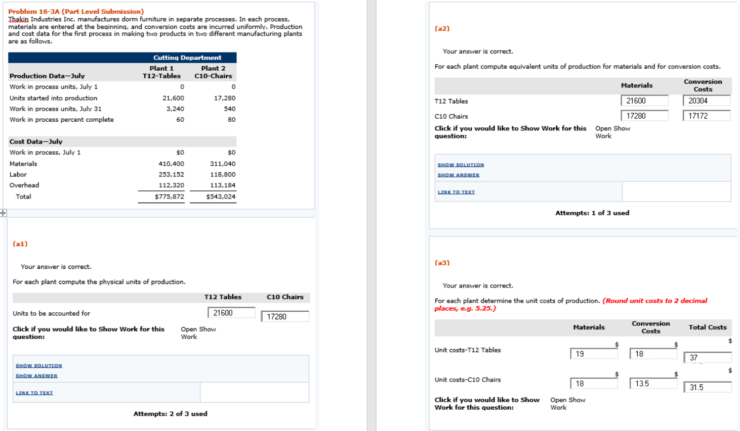 Solved Problem 16-3A (Part Level Submission) Thakin | Chegg.com
