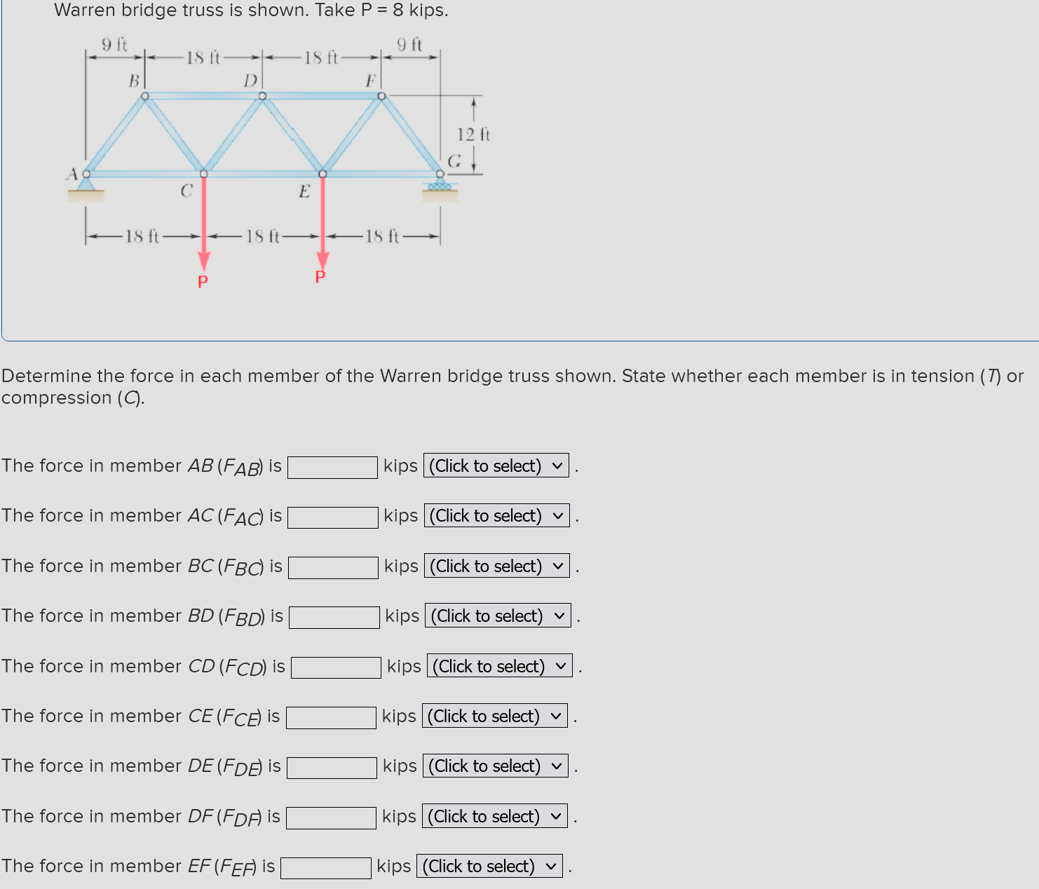 Solved Warren bridge truss is shown. Take P=8 kips. | Chegg.com