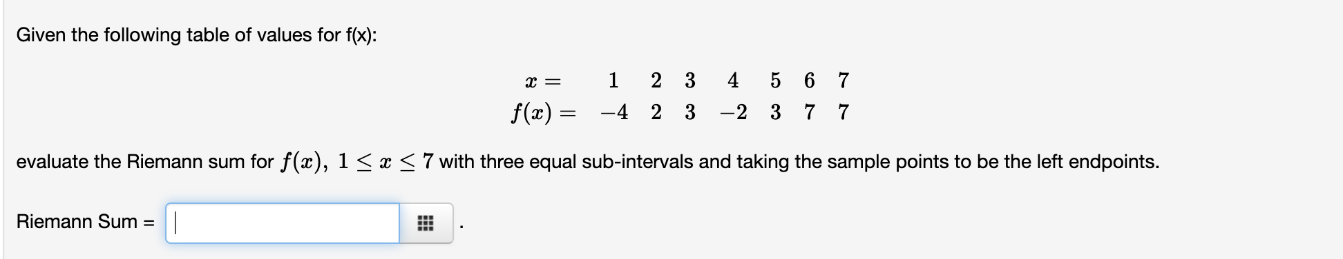 Solved Given the following table of values for f(x): = 1 2 3 | Chegg.com