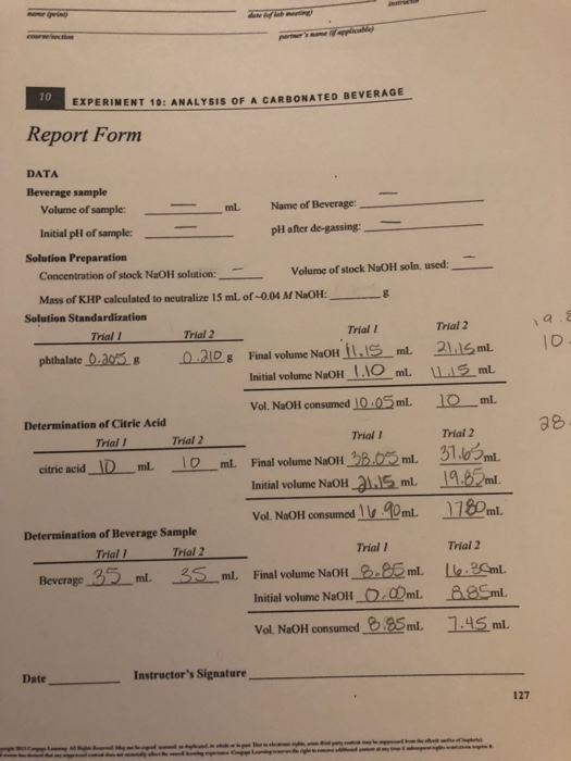Solved 70 EXPERIMENT 10: ANALYSIS OF A CARBONATED BEVERAGE | Chegg.com