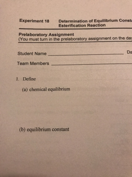 Solved Experiment 18 Determination of Equilibrium Const | Chegg.com