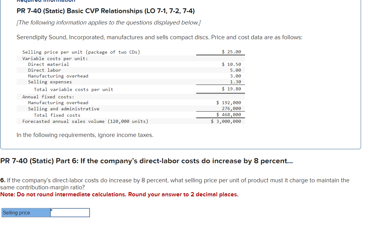 Solved PR 7-40 (Static) Basic CVP Relationships (LO 7-1, | Chegg.com