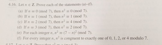 Solved 4.16. Let n Z. Prove each of the statements (a)-(f) | Chegg.com