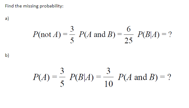 Solved Find the missing probability: a) 3 6 P(not A) P(A and | Chegg.com