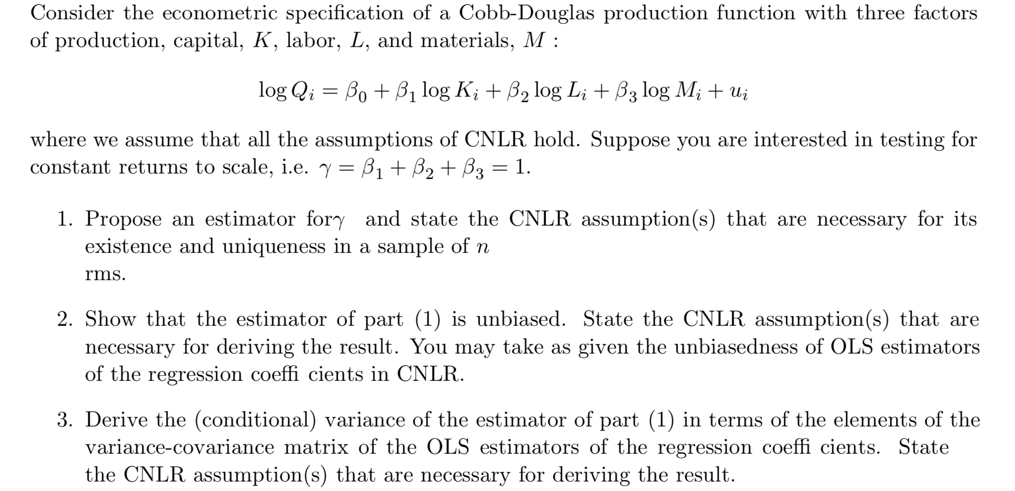 Consider The Econometric Specification Of A