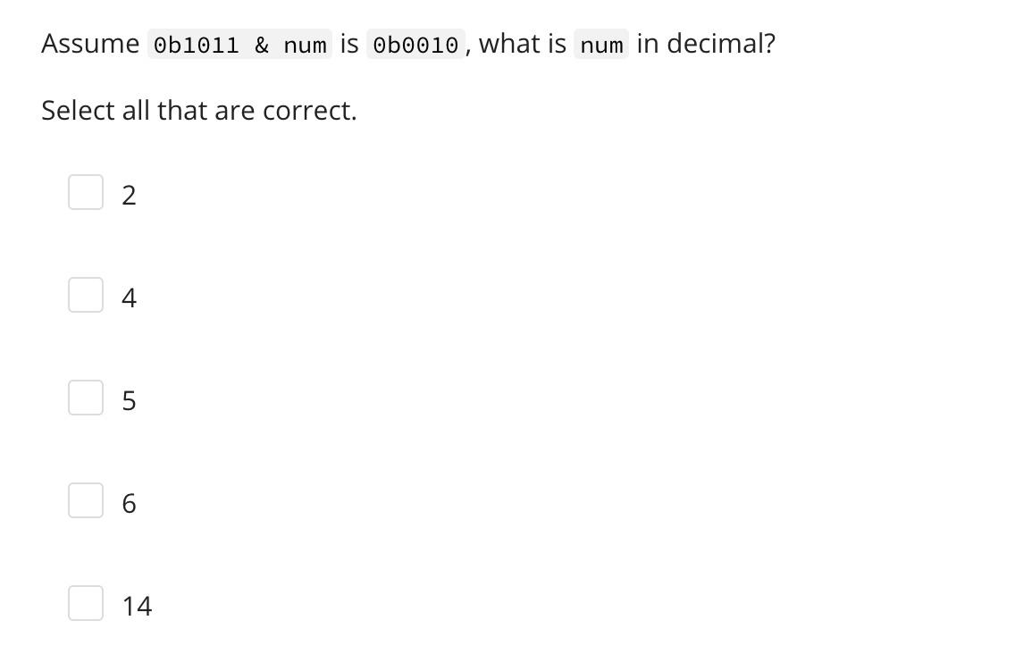 Solved (num \& ⊙ ) ∣ num is 0 The binary that has 1 at every | Chegg.com