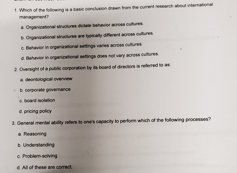 Solved 1. Which of the following is a basic conclusion drawn | Chegg.com