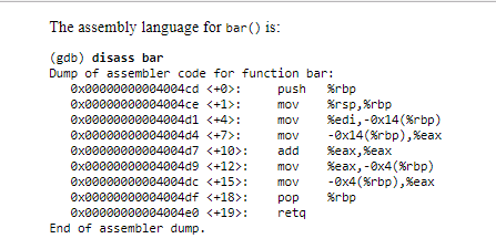 Solved The assembly language for bar) is: (gdb) disass bar | Chegg.com