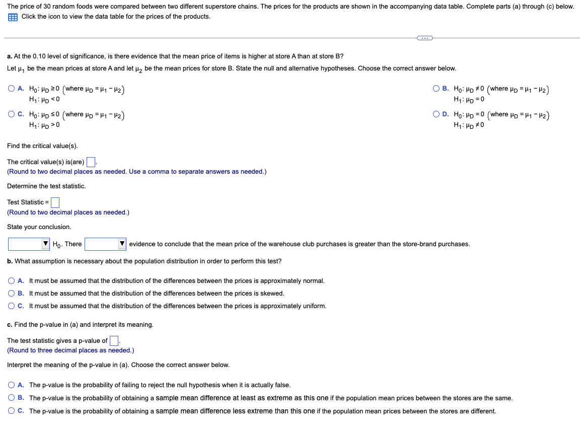 Solved The price of 30 random foods were compared between | Chegg.com