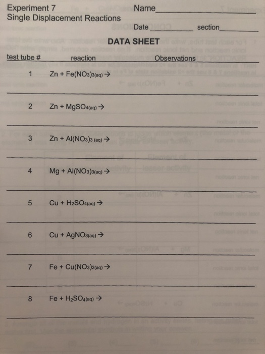 Solved Experiment 7 Single Displacement Reactions Name Date | Chegg.com