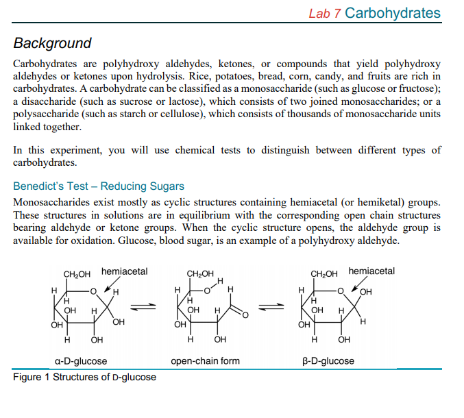 Lab 7 Carbohydrates Background Carbohydrates are | Chegg.com