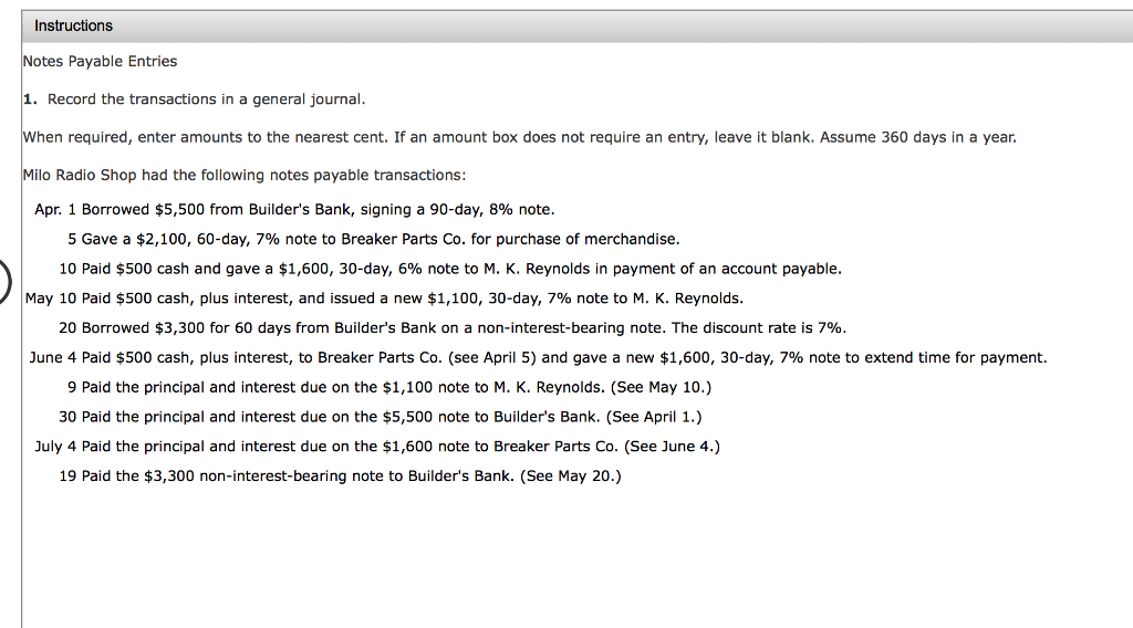 Solved Instructions Notes Payable Entries 1. Record the | Chegg.com