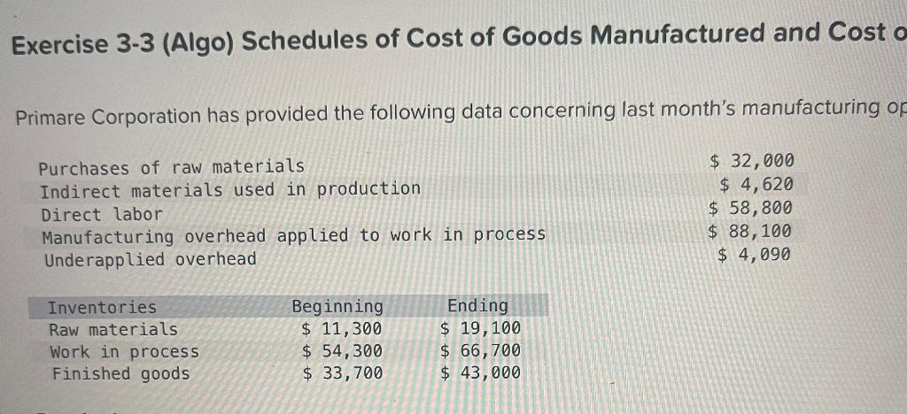 Solved Exercise 3-3 (Algo) Schedules of Cost of Goods | Chegg.com