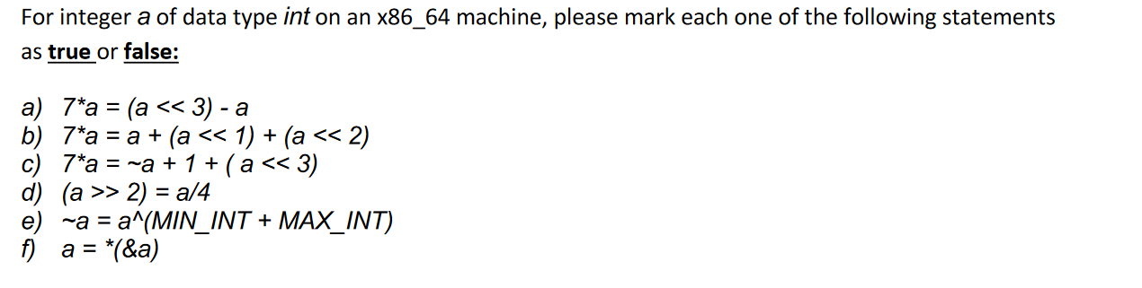 Solved For integer a of data type int on an x86_64 machine, | Chegg.com