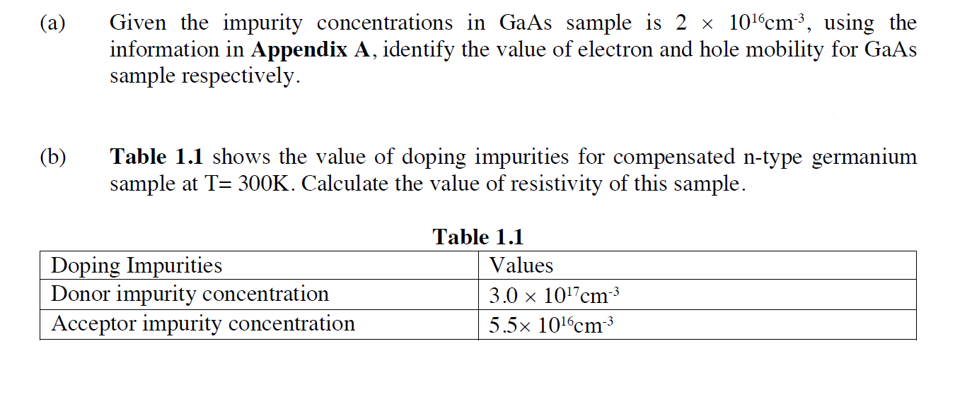 Solved (a) Given the impurity concentrations in GaAs sample | Chegg.com