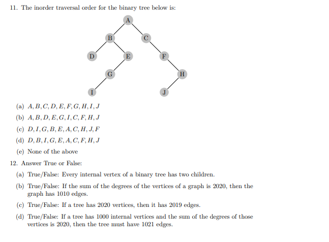 Solved 11. The inorder traversal order for the binary tree | Chegg.com