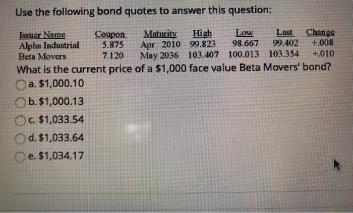 Solved Use the following bond quotes to answer this | Chegg.com
